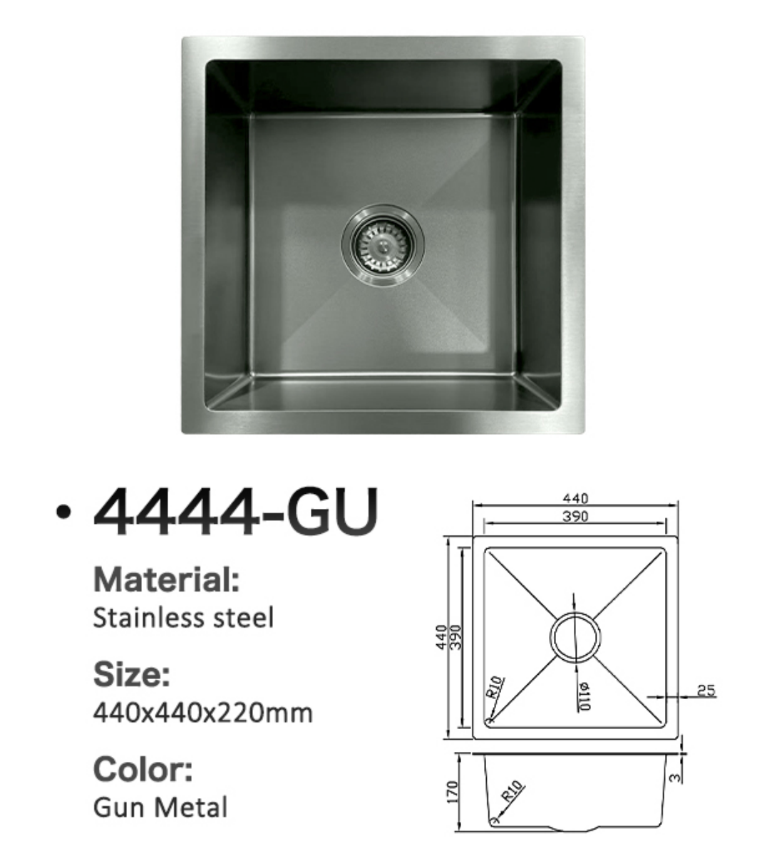 4444-GU Gun Metal Stainless Steel Kitchen Sink, 440x440x220mm, Single ...